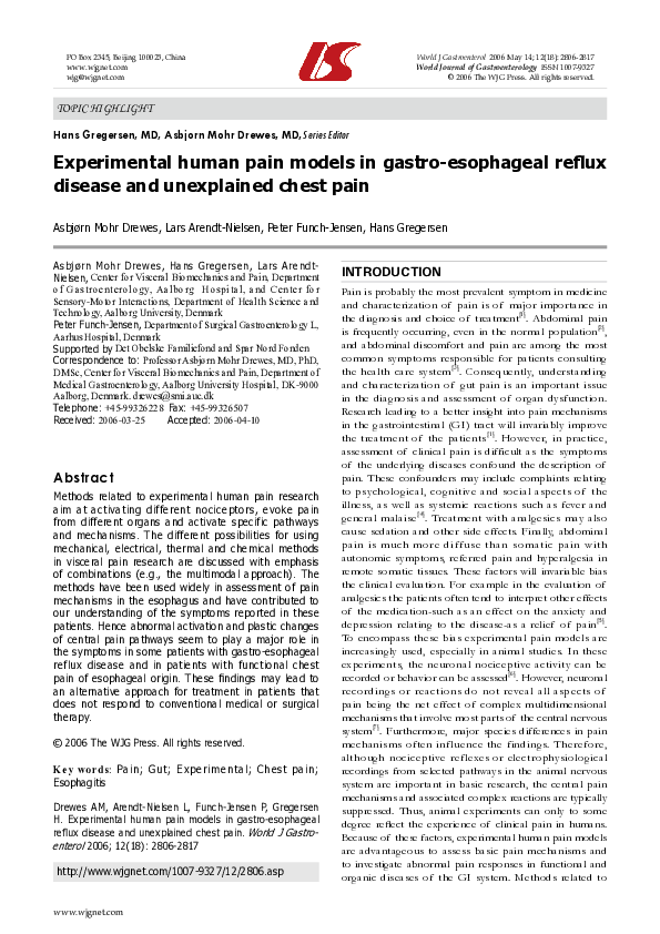 (PDF) Experimental human pain models in gastro-esophageal reflux ...