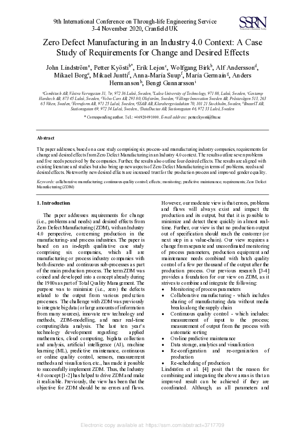 (PDF) Zero Defect Manufacturing in an Industry 4.0 Context: A Case ...
