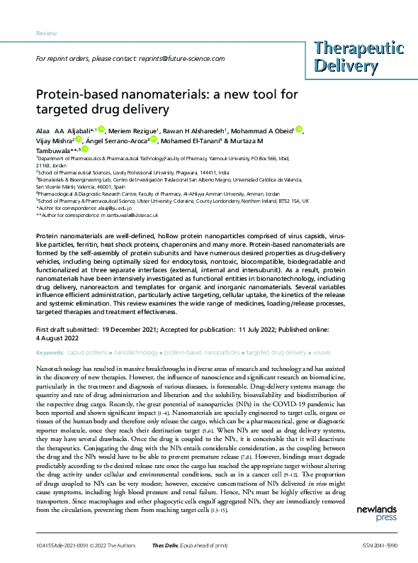 (PDF) Protein-based nanomaterials: a new tool for targeted drug delivery