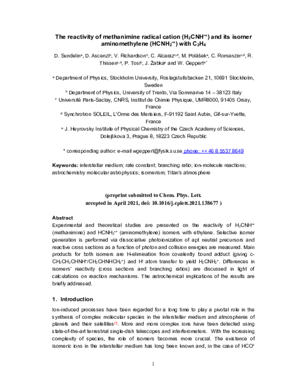 (PDF) The reactivity of methanimine radical cation (H2CNH•+) and its ...