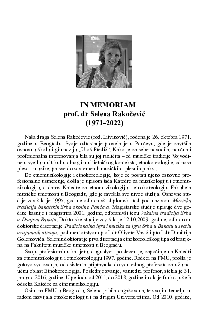 (PDF) IN MEMORIAM prof. dr Selena Rakočević