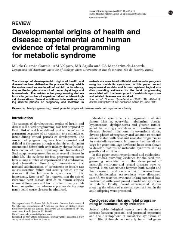 (PDF) Developmental origins of health and disease: experimental and ...