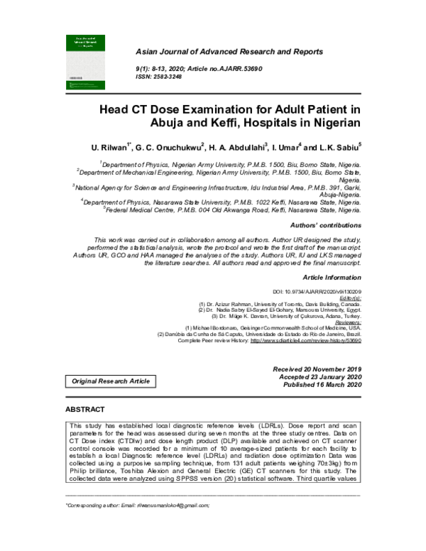 (PDF) Head CT Dose Examination for Adult Patient in Abuja and Keffi ...