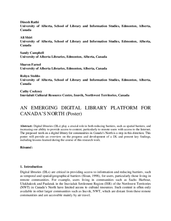(PDF) An Emerging Digital Library Platform for Canada’s North | Robyn ...