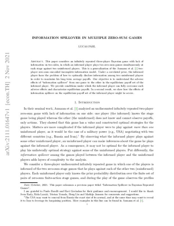 (PDF) Information Spillover in Multiple Zero-sum Games | Lucas Pahl - Academia.edu