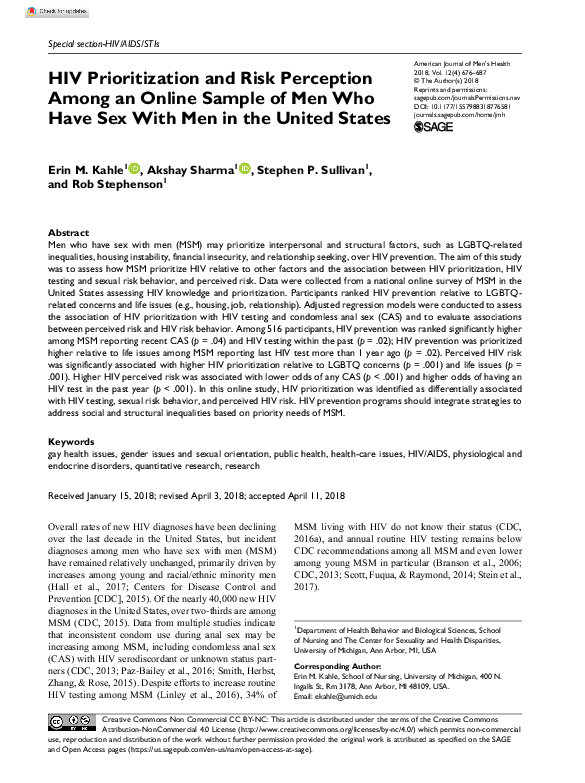Pdf Hiv Prioritization And Risk Perception Among An Online Sample Of Men Who Have Sex With Men
