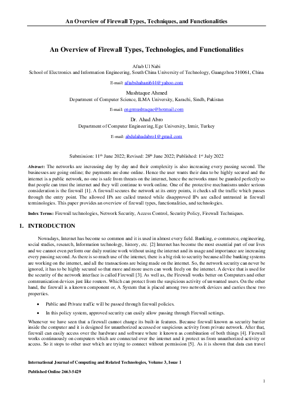 (PDF) An Overview of Firewall Types, Technologies, and Functionalities
