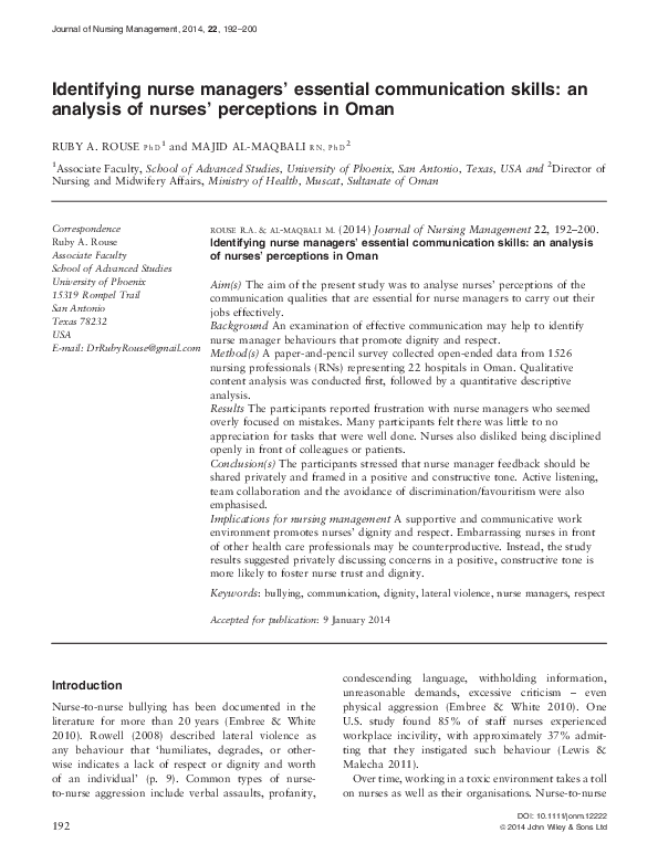 (PDF) Identifying nurse managers' essential communication skills: an analysis of nurses ...