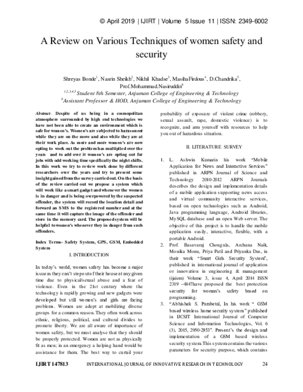 (PDF) A Review on Various Techniques of women safety and security