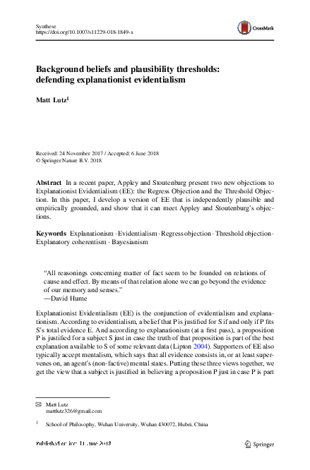 (PDF) Background beliefs and plausibility thresholds: defending explanationist evidentialism