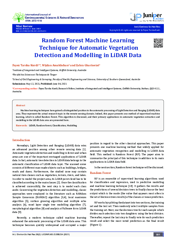 Pdf Random Forest Machine Learning Technique For Automatic Vegetation Detection And Modelling