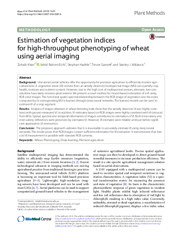 (PDF) Estimation of vegetation indices for high-throughput phenotyping of wheat using aerial ...