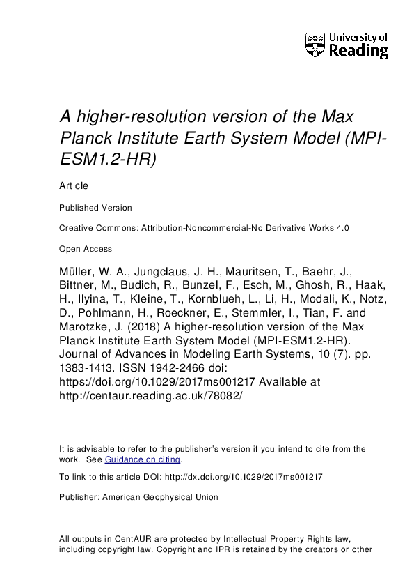 (PDF) A Higher‐resolution Version of the Max Planck Institute Earth ...