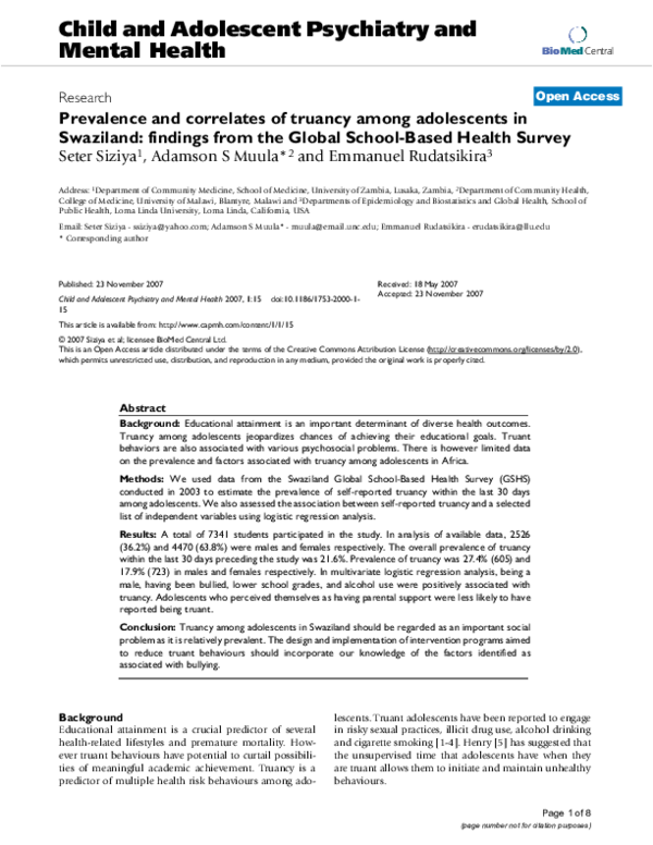 (PDF) Prevalence and correlates of truancy among adolescents in ...