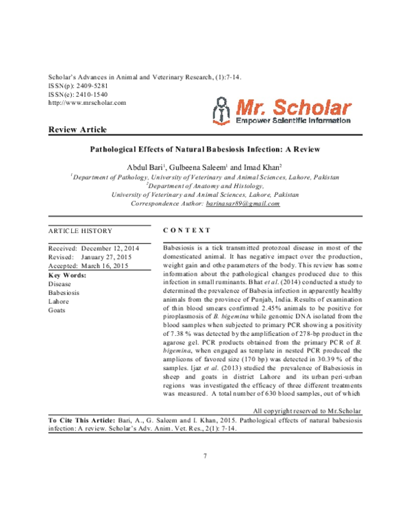 (PDF) Pathological Effects of Natural Babesiosis Infection : A Review