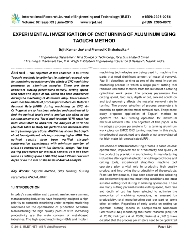 Pdf Experimental Investigation Of Cnc Turning Of Aluminum Using
