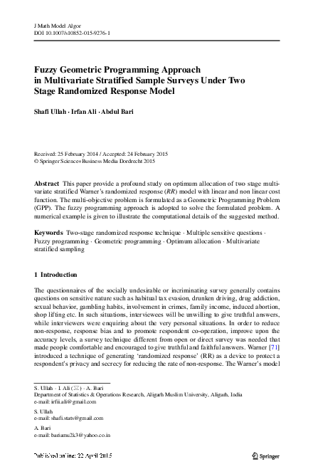 (PDF) Fuzzy Geometric Programming Approach in Multivariate Stratified Sample Surveys Under Two ...