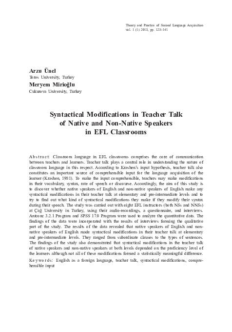 (PDF) Syntactical Modifications in Teacher Talk of Native and Non ...