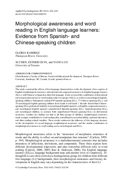 (PDF) Morphological awareness and word reading in English language ...