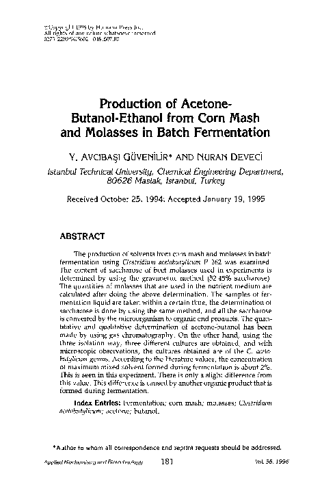 (PDF) Production of acetone-butanol-ethanol from corn mash and molasses ...
