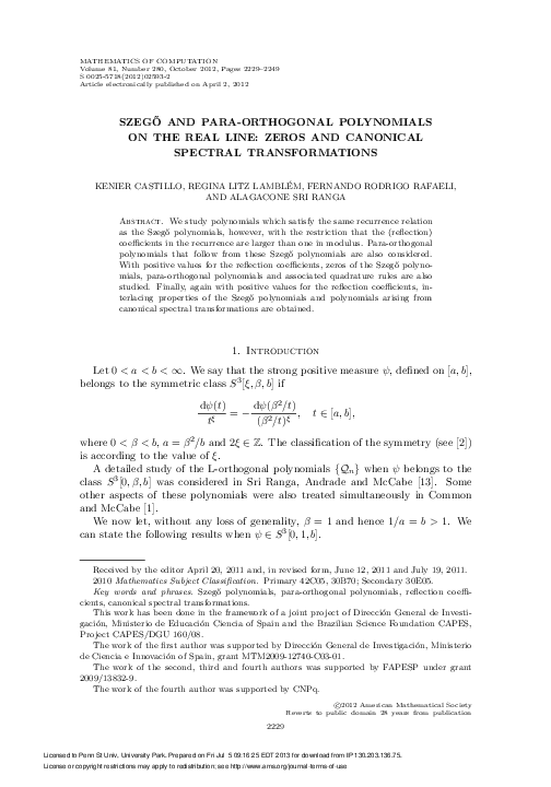 (PDF) Szegő and para-orthogonal polynomials on the real line: Zeros and canonical spectral ...