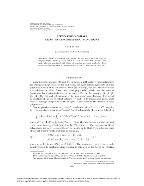 (PDF) Szegő polynomials from hypergeometric functions