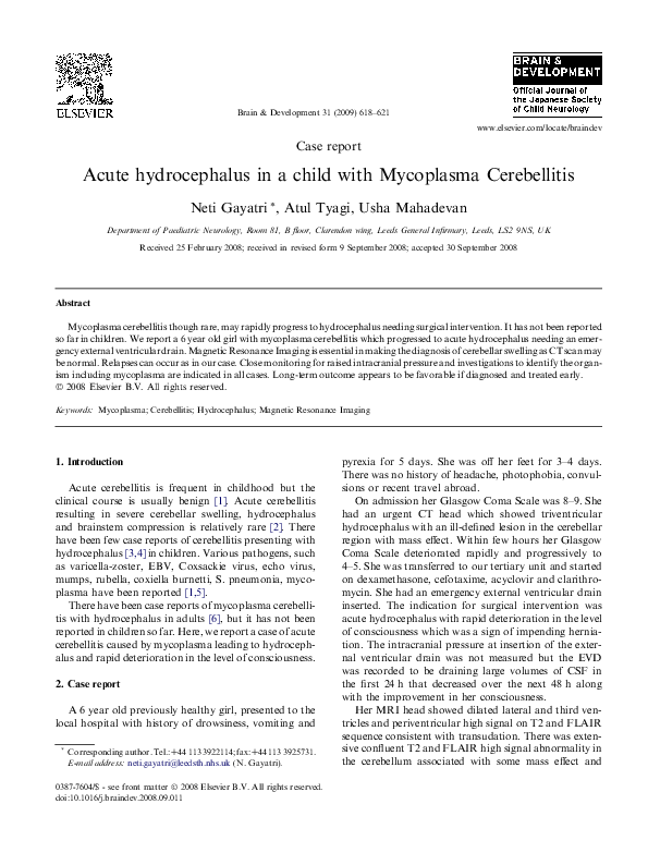 (PDF) Acute hydrocephalus in a child with Mycoplasma Cerebellitis