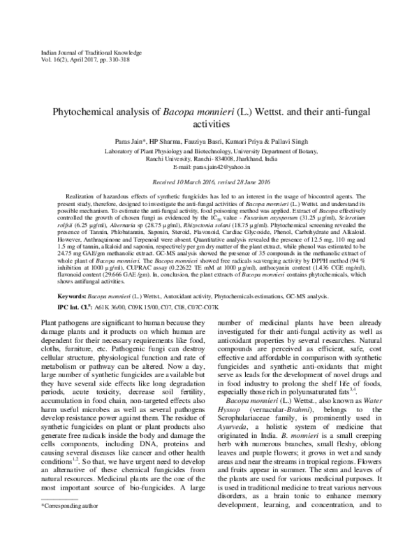 (PDF) Phytochemical analysis of Bacopa monnieri (L.) Wettst. and their anti-fungal activities