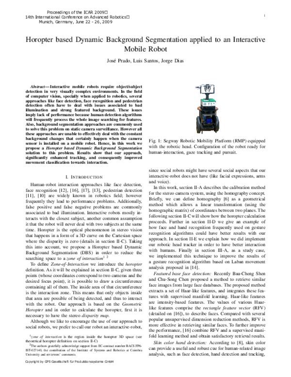 (PDF) Horopter based dynamic background segmentation applied to an interactive mobile robot