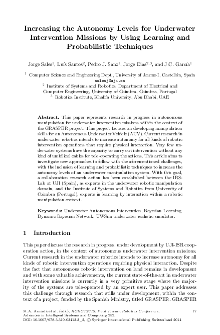 (PDF) Increasing the Autonomy Levels for Underwater Intervention Missions by Using Learning and ...