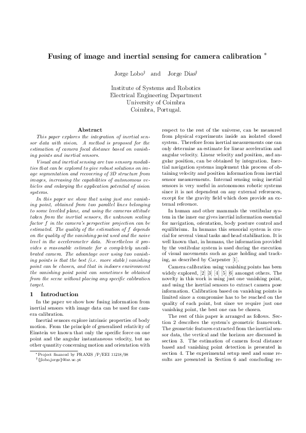(PDF) Fusing of image and inertial sensing for camera calibration