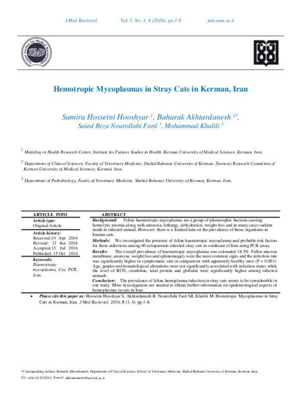 (PDF) Hemotropic Mycoplasmas in Stray Cats… Hosseini Hooshyar S, et al ...