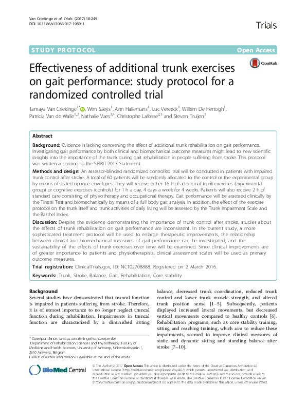 (PDF) Effectiveness of additional trunk exercises on gait performance: study protocol for a ...
