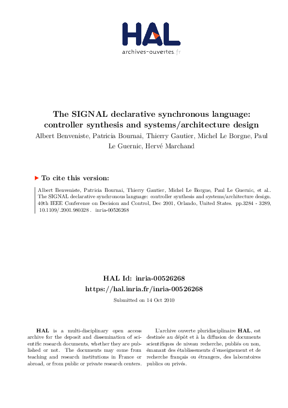 (PDF) The SIGNAL declarative synchronous language: controller synthesis and systems/architecture ...