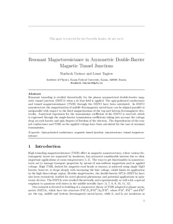 Pdf Resonant Magnetoresistance In Asymmetric Double Barrier Magnetic Tunnel Junctions 