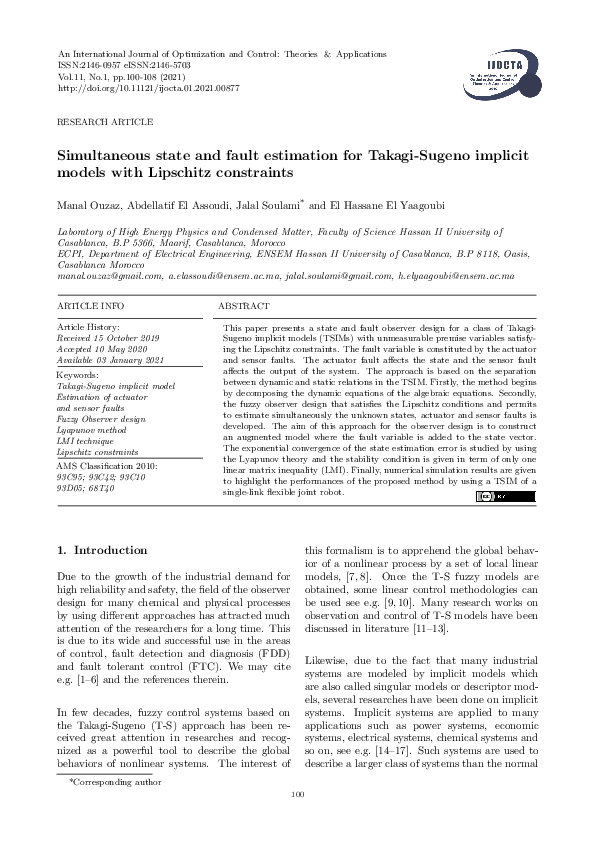 Pdf Simultaneous State And Fault Estimation For Takagi Sugeno