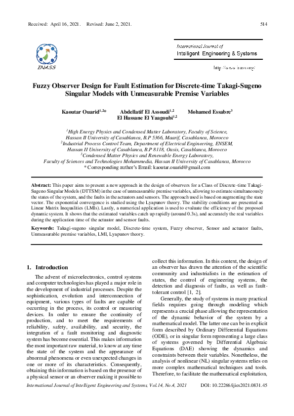 Pdf Fuzzy Observer Design For Fault Estimation For Discrete Time