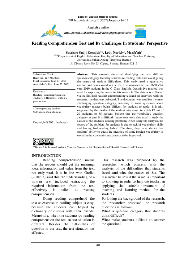 (PDF) Reading Comprehension Test and Its Challenges In Students ...