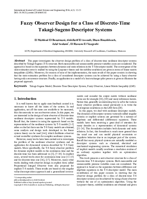 Pdf Fuzzy Observer Design For A Class Of Discrete Time Takagi Sugeno Descriptor Systems