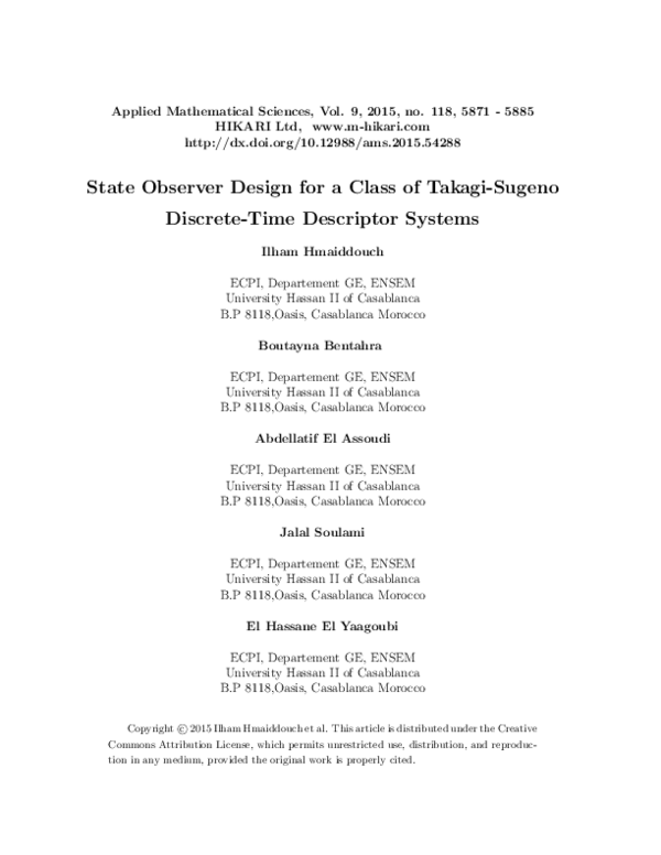 Pdf State Observer Design For A Class Of Takagi Sugeno Discrete Time Descriptor Systems