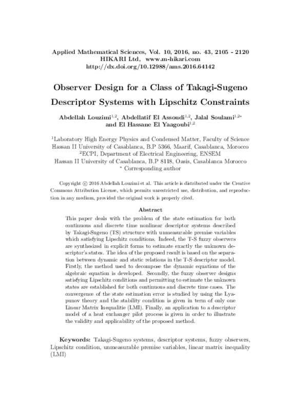 (PDF) Observer design for a class of Takagi-Sugeno descriptor systems with Lipschitz constraints