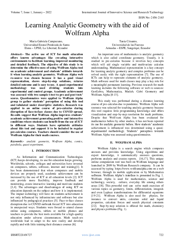 (PDF) Learning Analytic Geometry with the aid of Wolfram Alpha