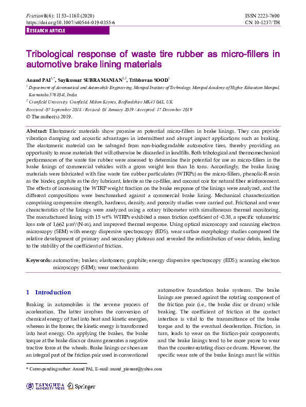 (PDF) Tribological response of waste tire rubber as micro-fillers in ...