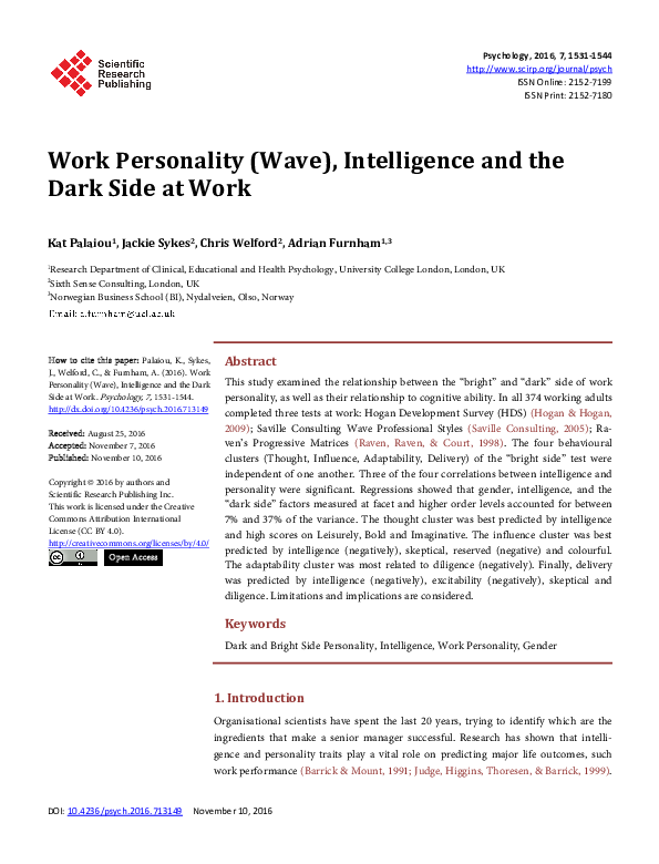 (PDF) Work Personality (Wave), Intelligence and the Dark Side at Work