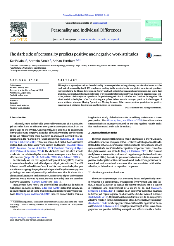 (PDF) The dark side of personality predicts positive and negative work ...