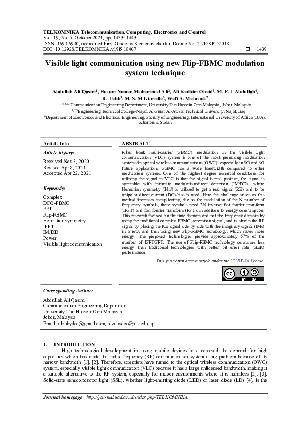Pdf Visible Light Communication Using New Flip Fbmc Modulation System Technique Abdullah Ali