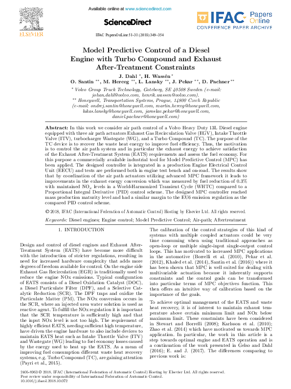 Pdf Model Predictive Control Of A Diesel Engine With Turbo Compound And Exhaust After