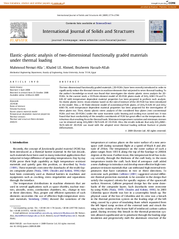 Pdf Elastic Plastic Analysis Of Two Dimensional Functionally Graded