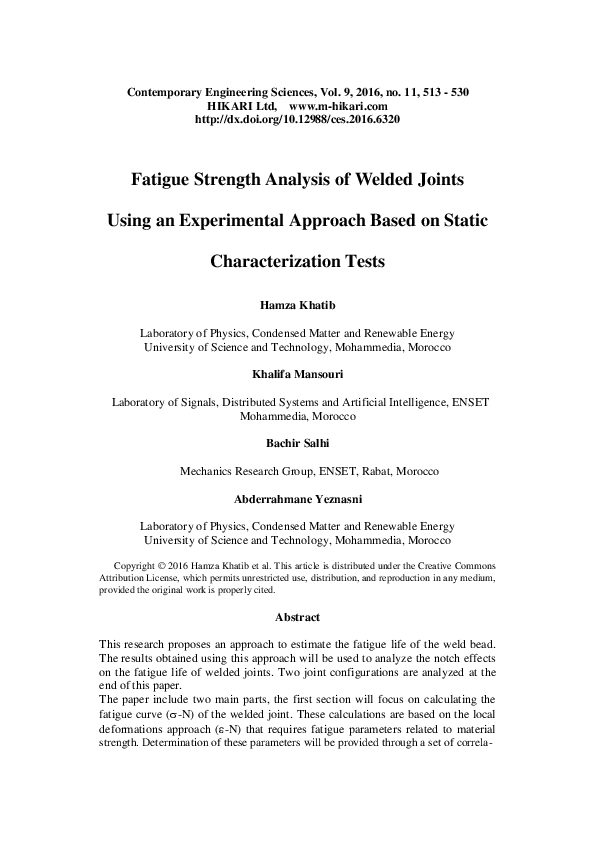 (PDF) Fatigue strength analysis of welded joints using an experimental ... (PDF) Fatigue strength analysis of welded joints using an experimental ...