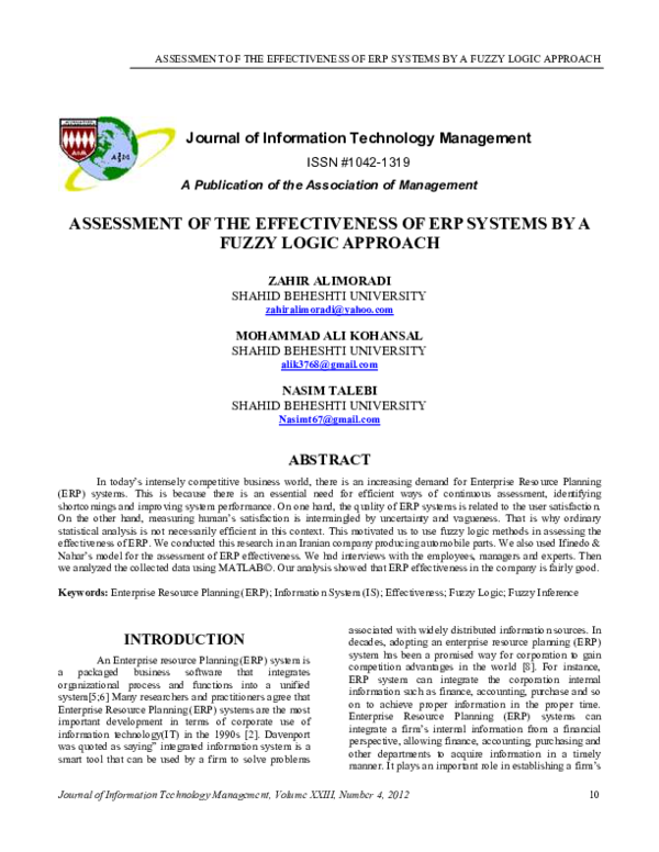 Pdf Assessment Of The Effectiveness Of Erp Systems By A Fuzzy Logic